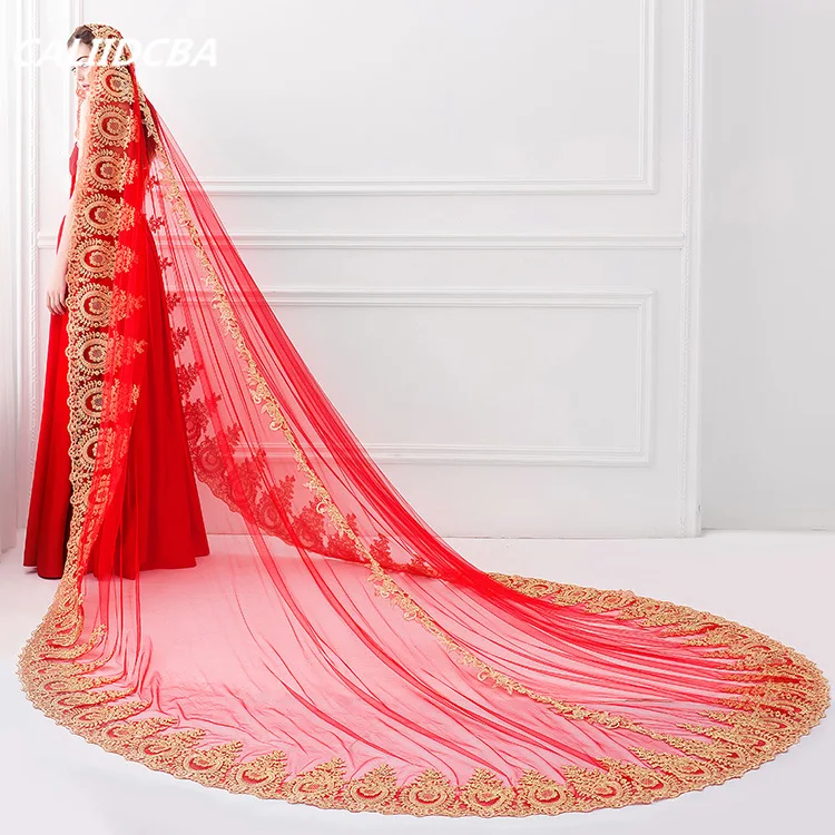 Long Wedding Veil Bridal Veil Appliques Red Cathedral Bridal Veil Lace ...