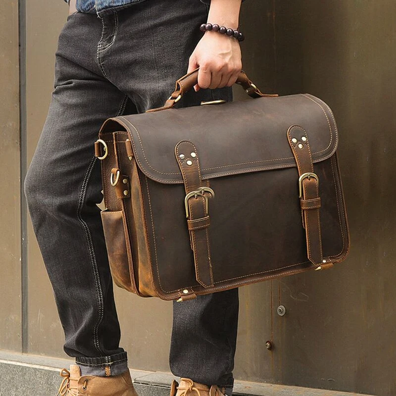 Luufan Genuine Leather Travel Briefcase With Shoulder Strap Double ...