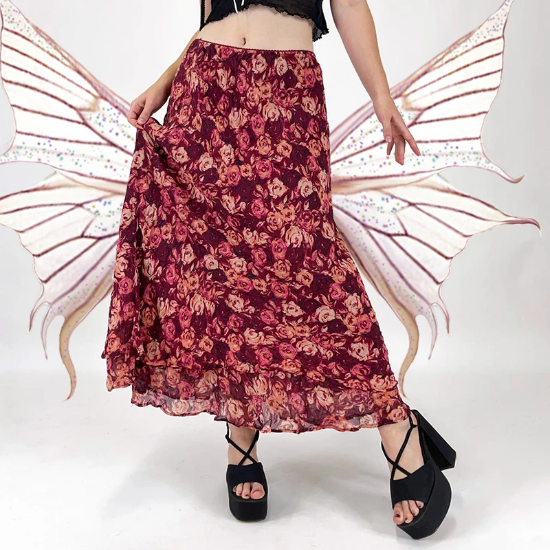 Vrouwen Dubbele Lagen Hoge Taille Rechte Lange Rok Vintage Boho ...