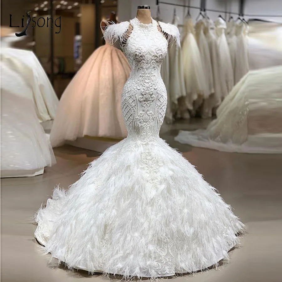 Robe de mariée de forme sirène, en dentelle, blanche, plumes, sur mesure, modèle de luxe, 2020 ...