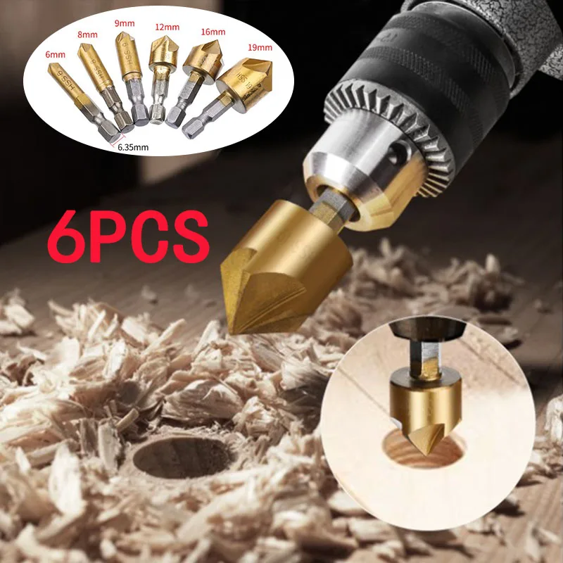 6PC hexagonal handle titanium plated five edge chamfering knife reaming ...