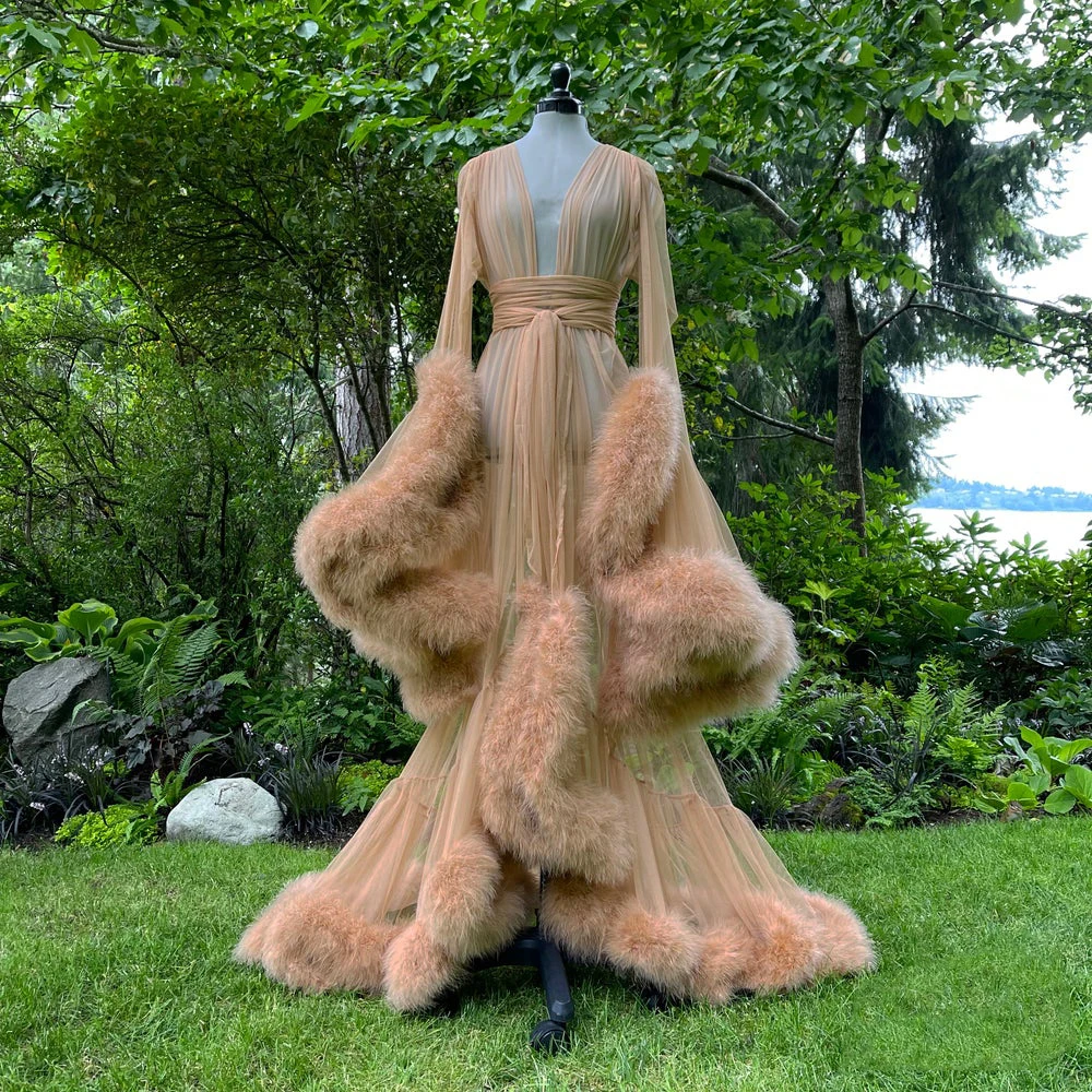 Champange V Neck Faux Fur Bridal Bathrobe Long Sleeves Wedding ...