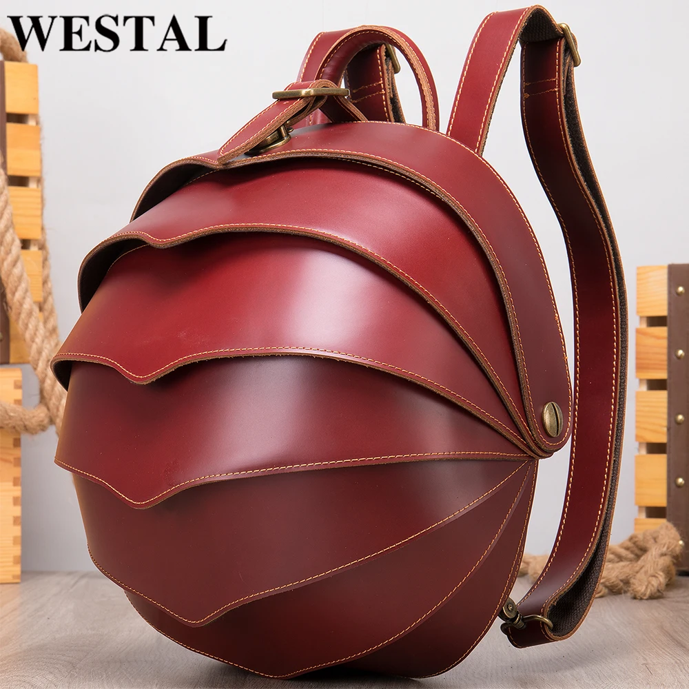WESTAL Crazy Horse Leather Backpack for Woman Round Mini Schoolbag ...