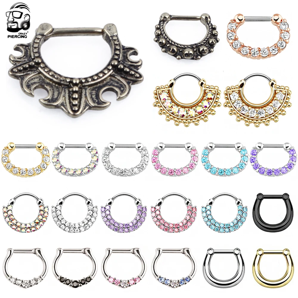 16g Steel Gold Nose Septum Piercing Real Crystal Septum Rings Clickers ...