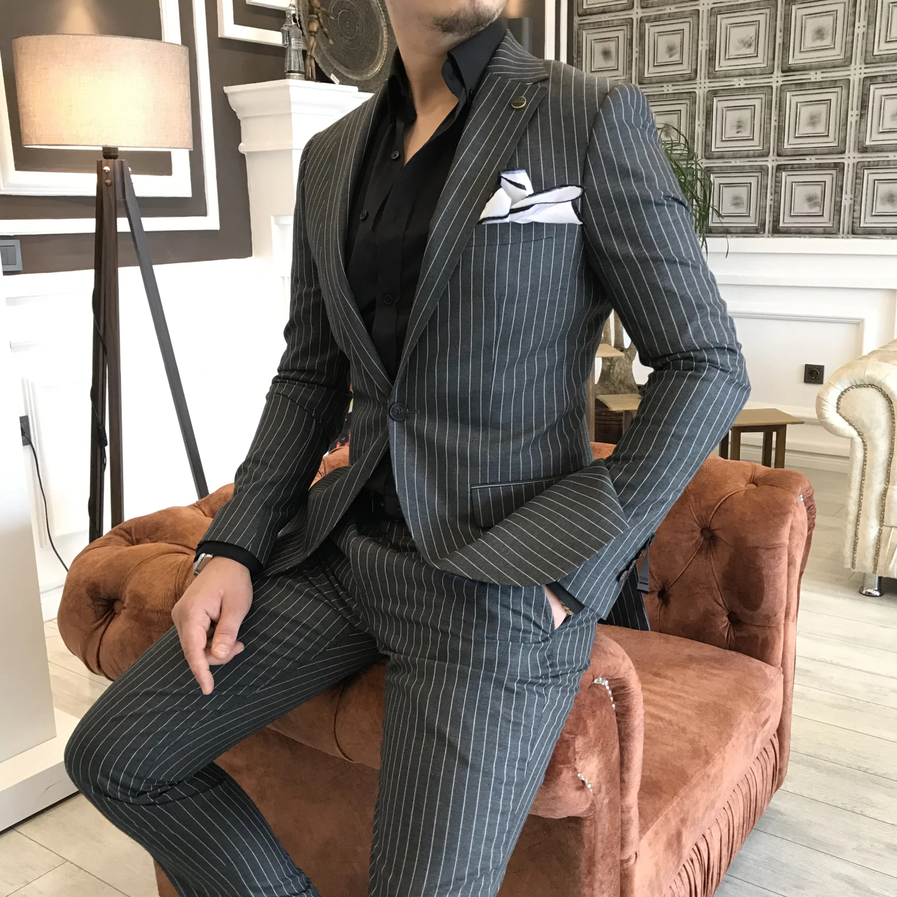 Chaqueta de estilo italiano para hombre, traje ajustado a rayas, color ...