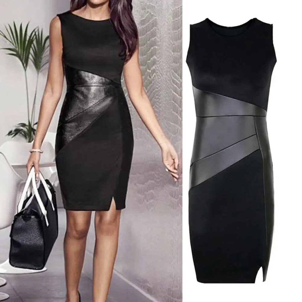Fashion Lady Patchwork Sleeveless Slit Bodycon Midi Cocktail Party ...