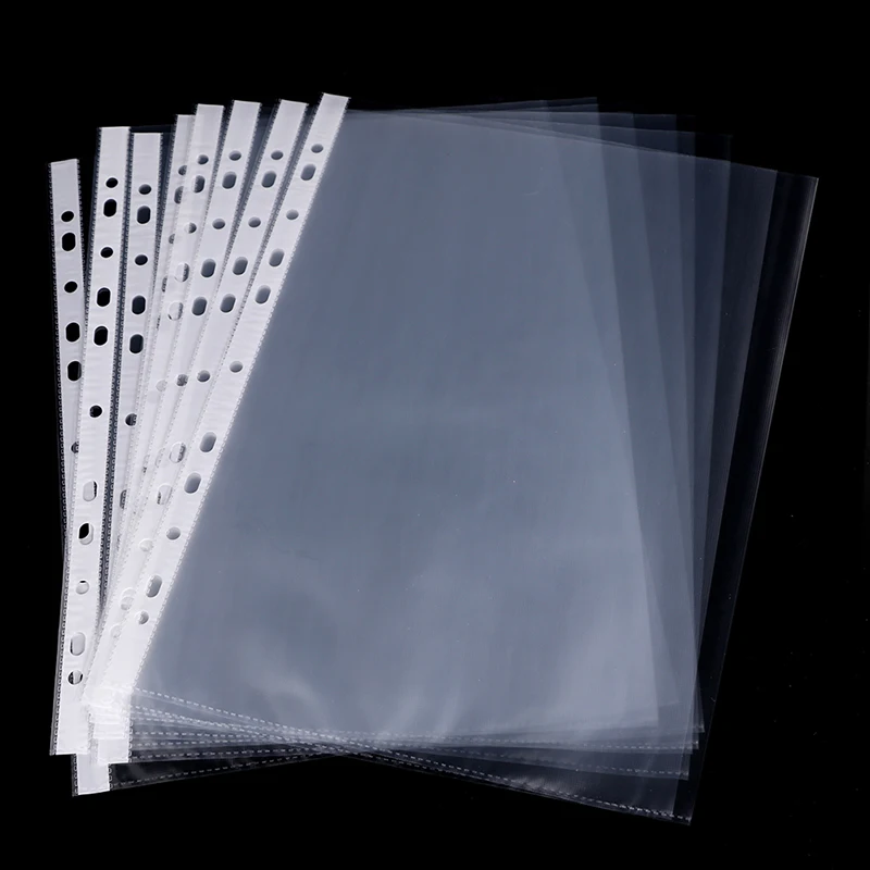 100Pcs A4 Plastic Punched Pockets Folders Filing 11 Holes Loose Leaf ...