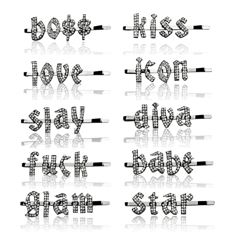 2020 New Hot Hair Accessories Gothic Word Hairclips Crystal Hair Clips ...