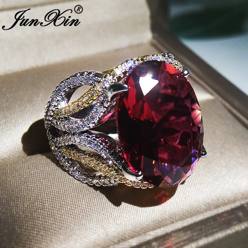 Luxury Big Red Stone Oval Rings For Women White Gold Vintage Large ...