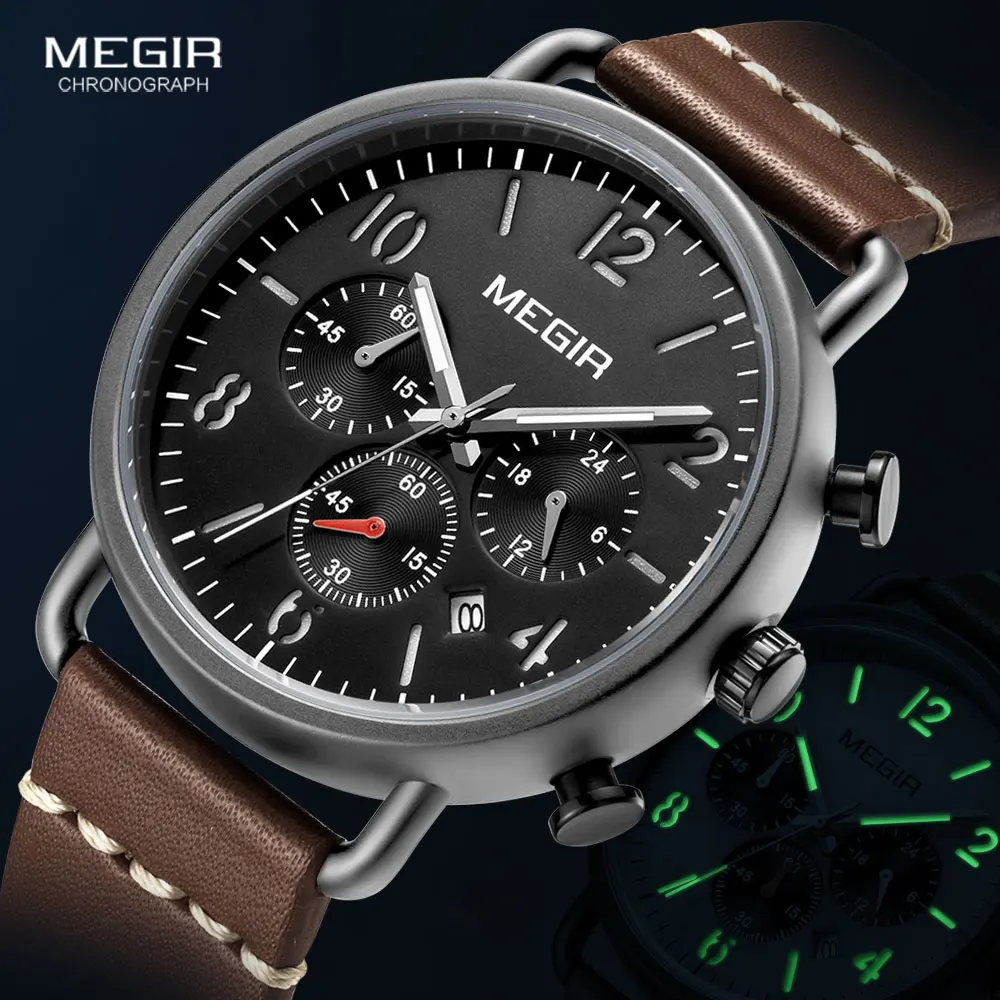 Megir Luxury Watches Men Fashion Leather Strap Chronograph Quartz Watch ...