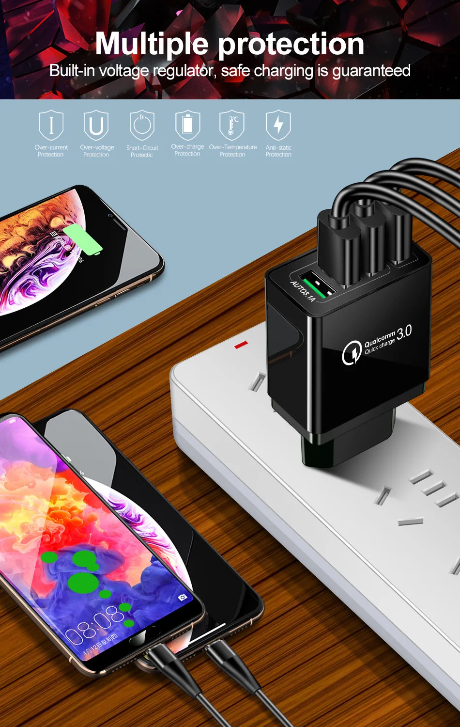 Cargador rápido de viaje Qc3.0, cabezal de carga universal multipuerto ...