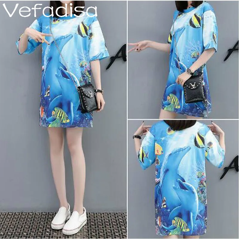 Vefadisa Women Dolphin Animal Print T Shirt Dress Women Blue Plus Size ...