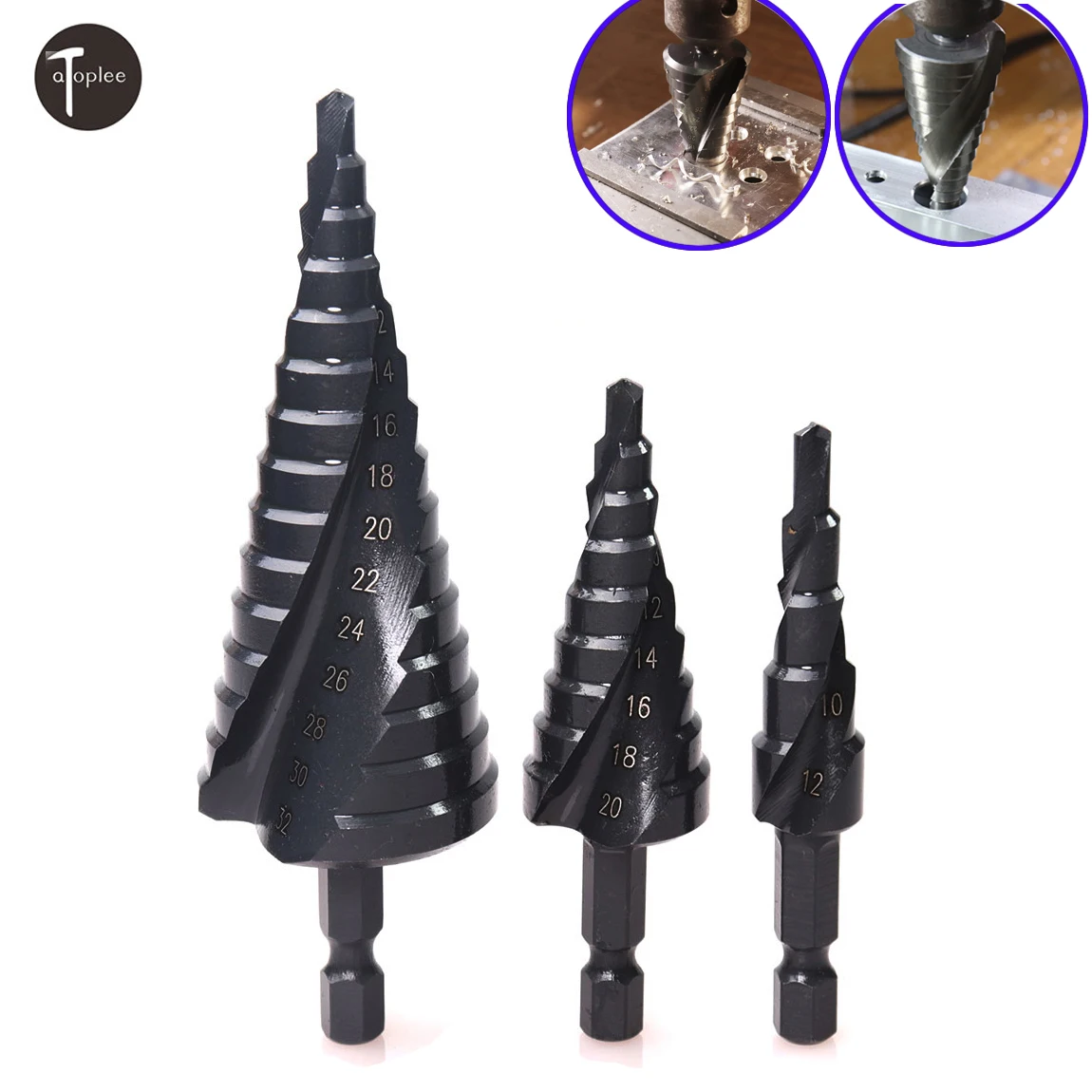4 12/20/32mm HSS Step Cone Drill Bits Hex Shank Nitride Coated for Wood ...