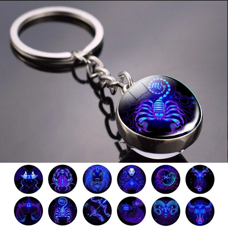 12 Constellation Keychain Fashion Double Side Cabochon Glass Ball ...