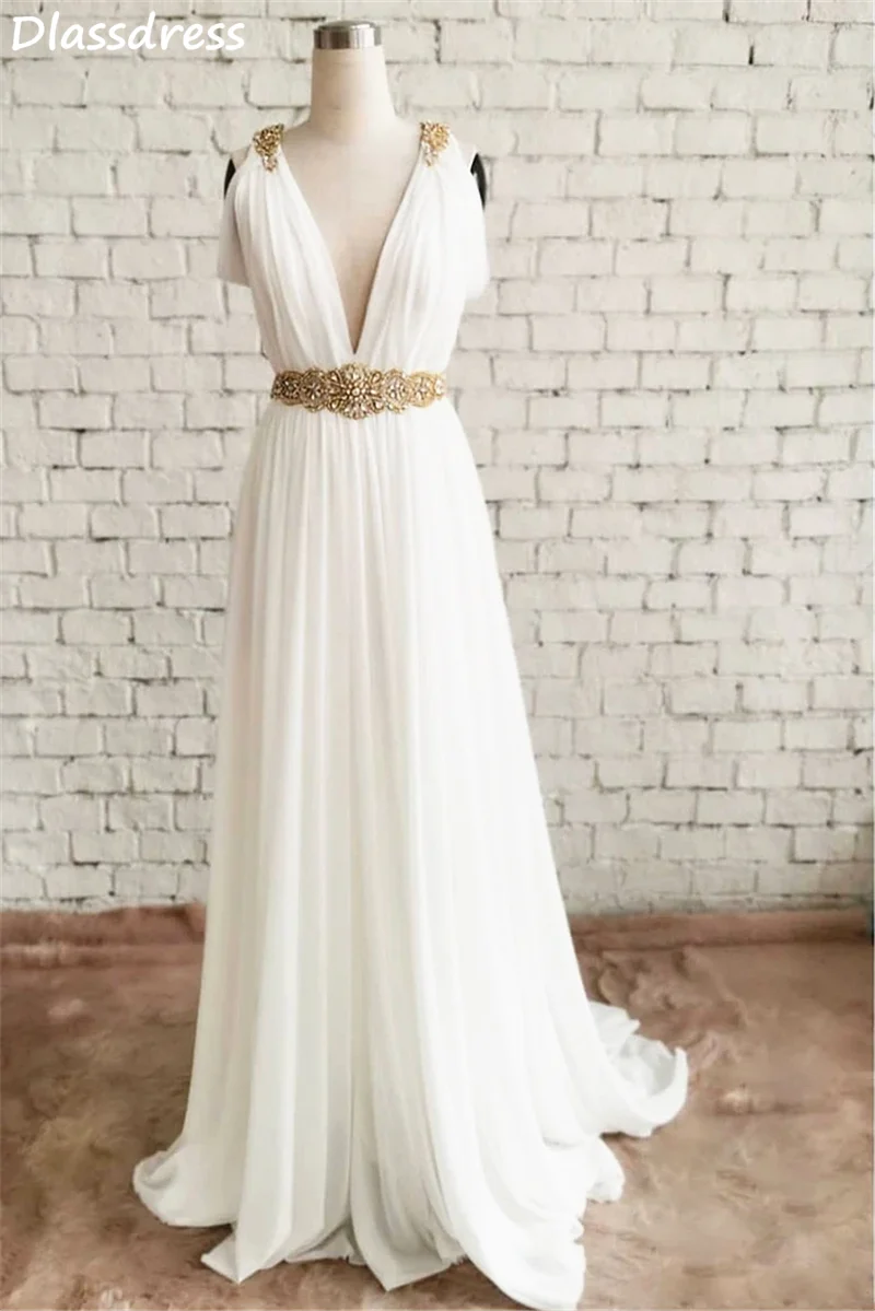 Pure White Chiffon Evening Dress Chic Formal Dress A line Sweep Train ...