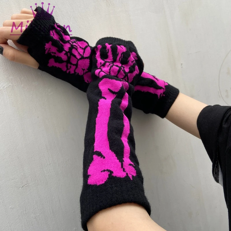 Harajuku Punk Style Black Skull Half Finger Long Glove Women Knit ...