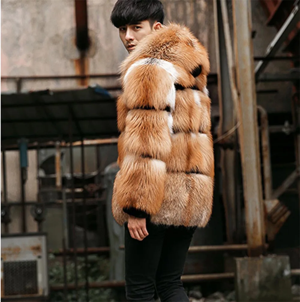Men Warm Real Fox Fur Coat With Hood Winter Genuine Fur Jacket Outwear ...