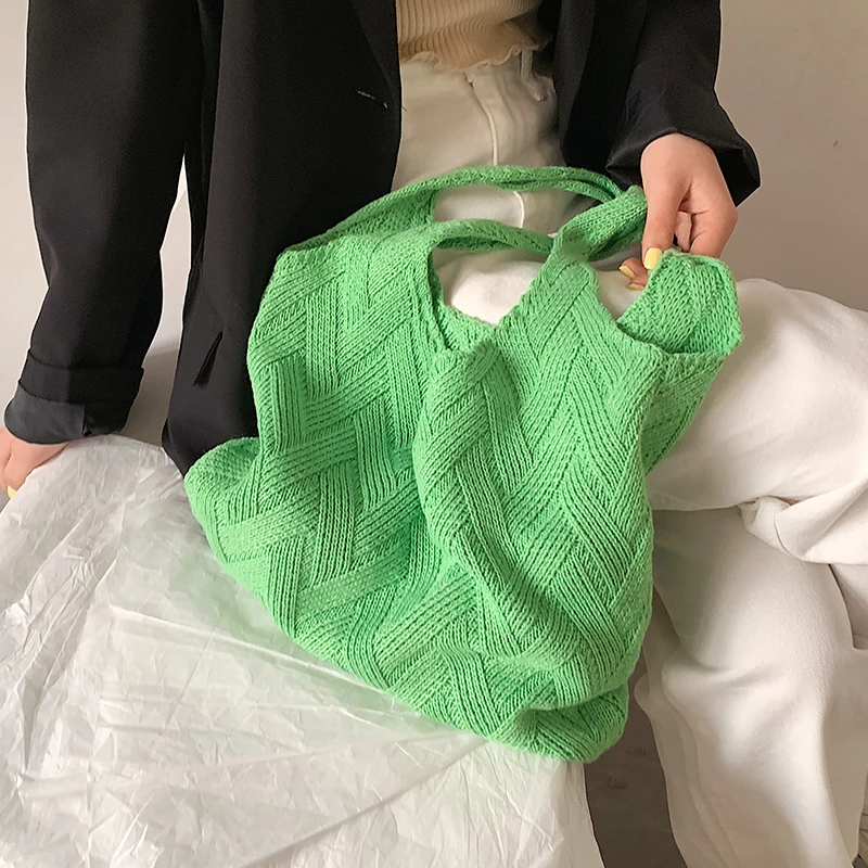 New Wool Knitted Shoulder Shopping Bag For Women Vintage Fashion Cotton ...