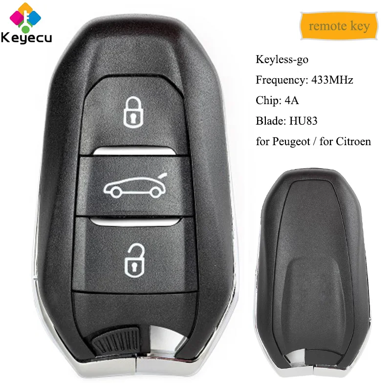 KEYECU Keyless Goสมาร์ทรถKey 3ปุ่ม433MHz 4AชิปHU83 FOBสำหรับPeugeot 208 ...