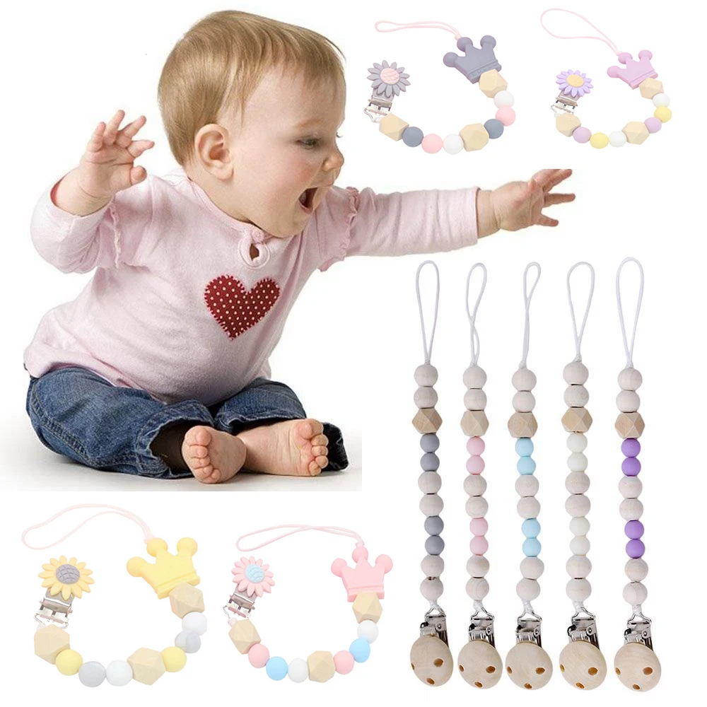 Flower-Silicone-Baby-Pacifier-Clips-Wooden-Silicone-Crown-Pacifier ...