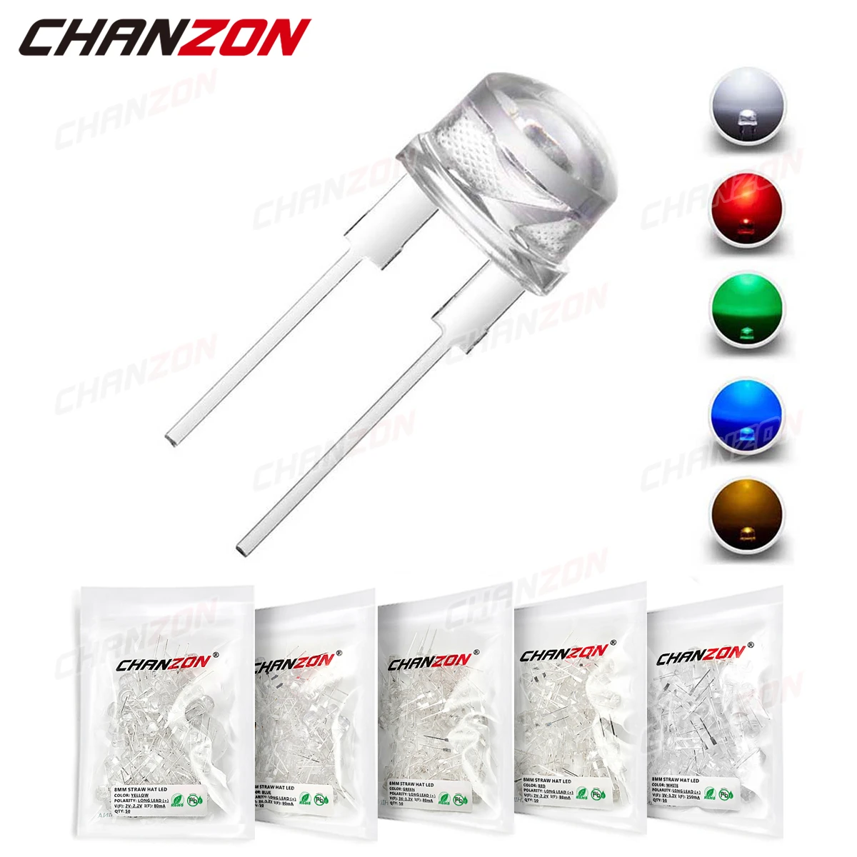 50pcs 8mm LED Emitting Diode Straw Hat Micro Indicator White Red Green ...