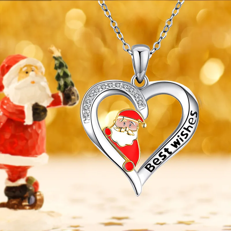 Christmas Style Love Heart Shaped Santa Claus Pendant Necklace Women's ...