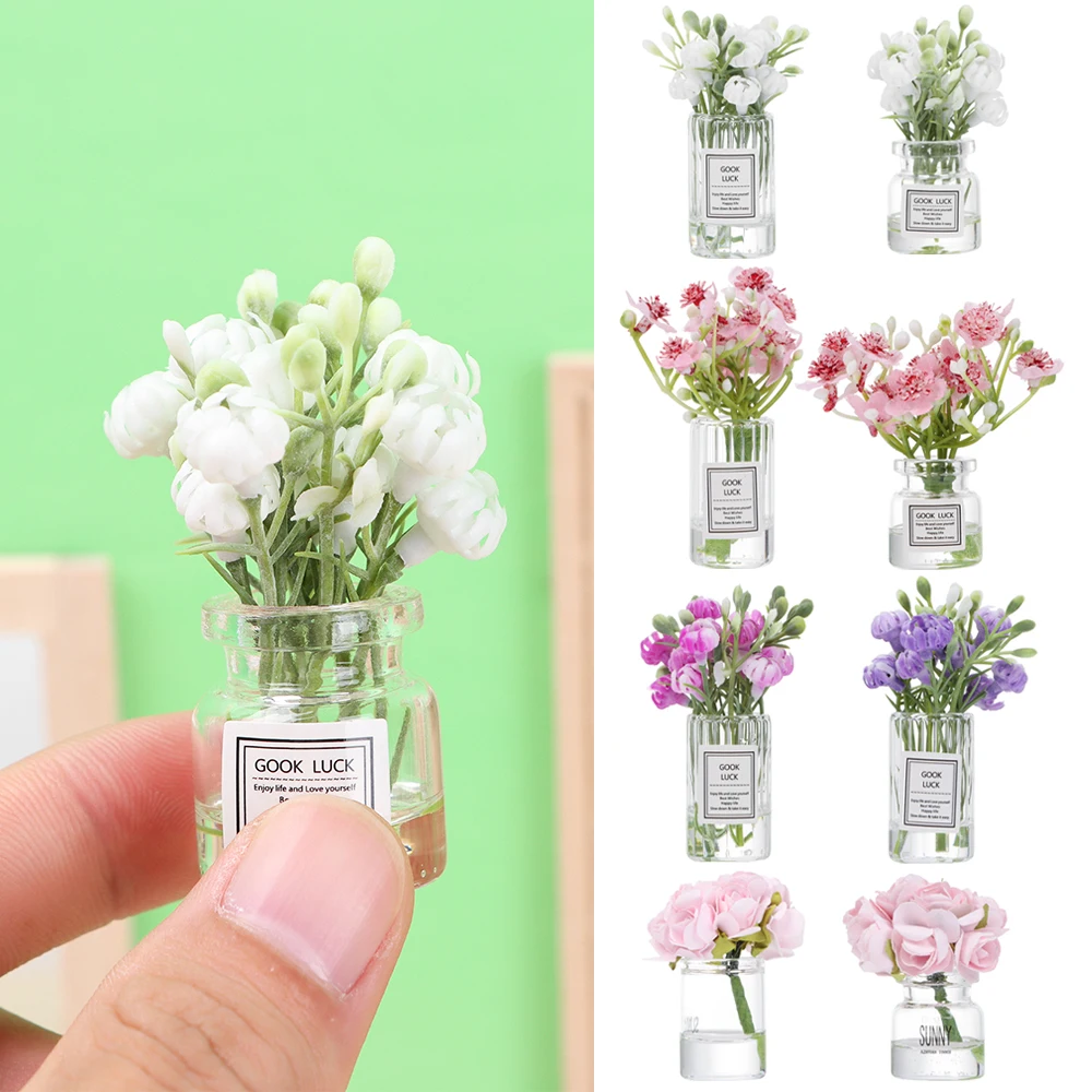 1PC Mini Flower Vase Dollhouse Accessories Simulation Pink Rose White ...