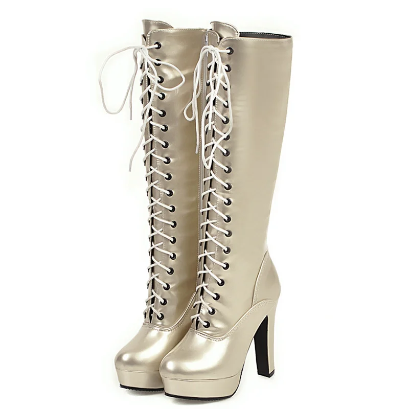 Lace Up Knee High Boots Women Winter Autumn Fashion Gold Silver High ...