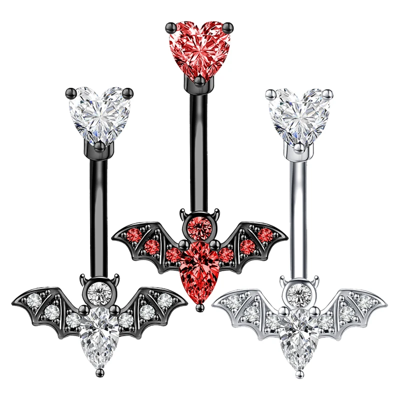 ZS 14G Bat Belly Button Ring Crystal Bat Navel Piercing Black Plated ...