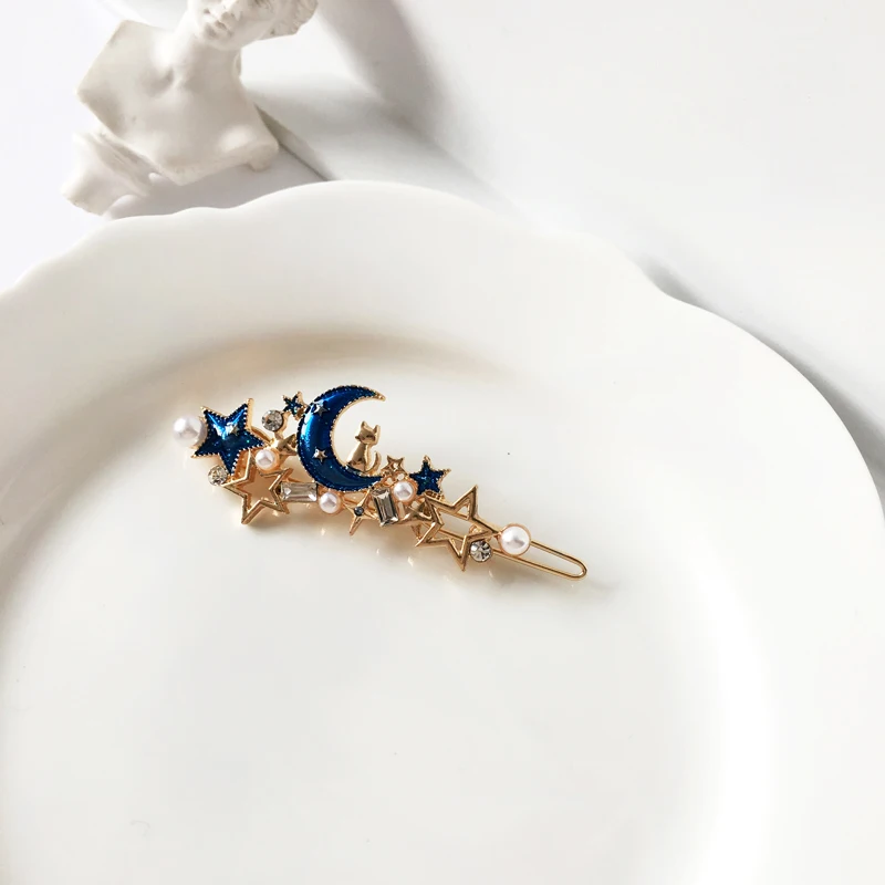 Creative fantasy starry sky moon star cat enamel hairpin for women ...