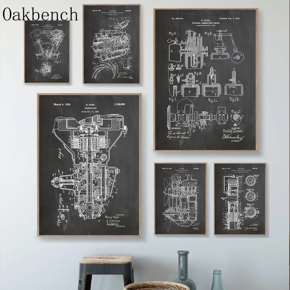 Engine Patent Canvas Wall Art Print Vintage Poster Motor Car Parts ...