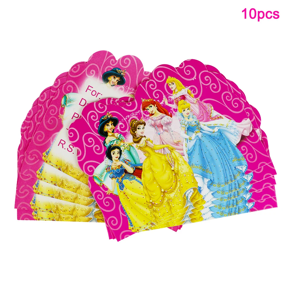 10Pcs Disney Six princess Theme Pink Party Invitation Card Kids ...