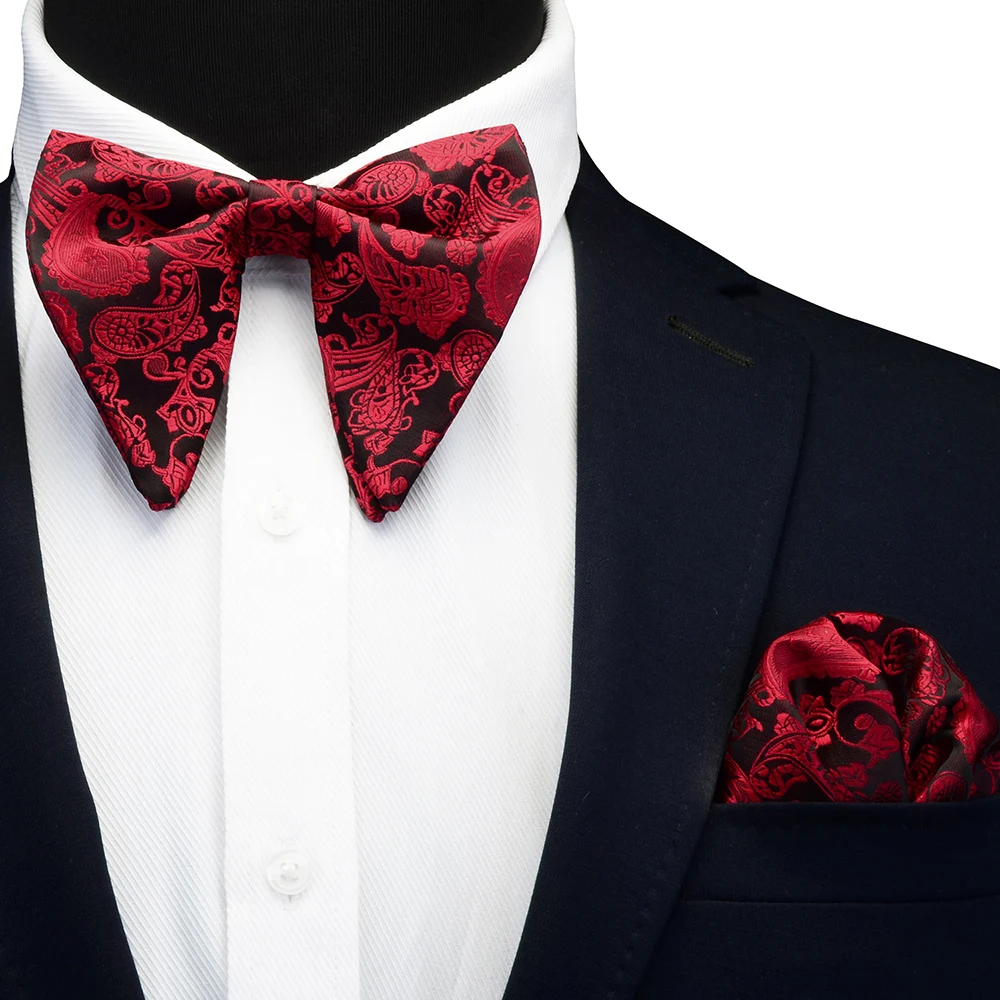 Ricnais Silk Big Bow Tie Set For Men Red White Paisley Pocket Square ...