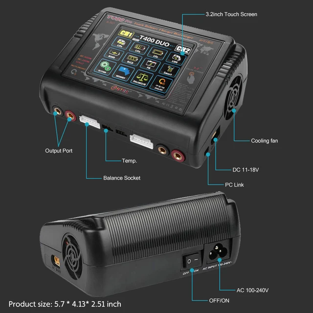 HTRC T400 Lipo Charger Touch DC 400W AC 200W 12Ax2 RC Charger ...