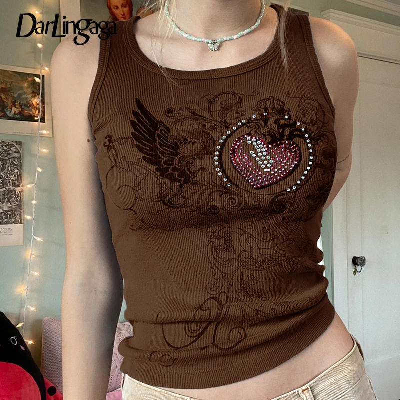Darlingaga Retro Brown Diamonds Grunge Fairycore Summer Tank Top ...