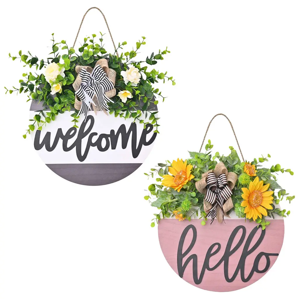 Welcome Sign with Bow knot Front Door Flower Wreath Artificial Leaves ...