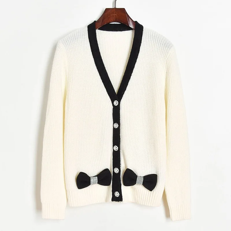 Women cardigan 2020 autumn new cute diamonds buckle bows V neck knitted ...