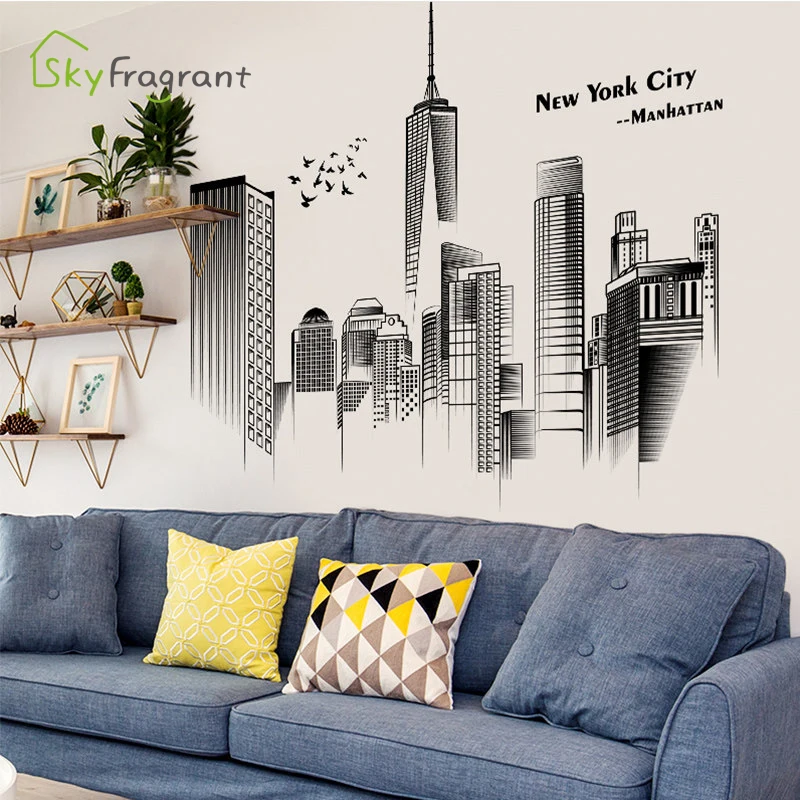 Black Manhattan | Wall Stickers Manhattan | Living Room Background ...