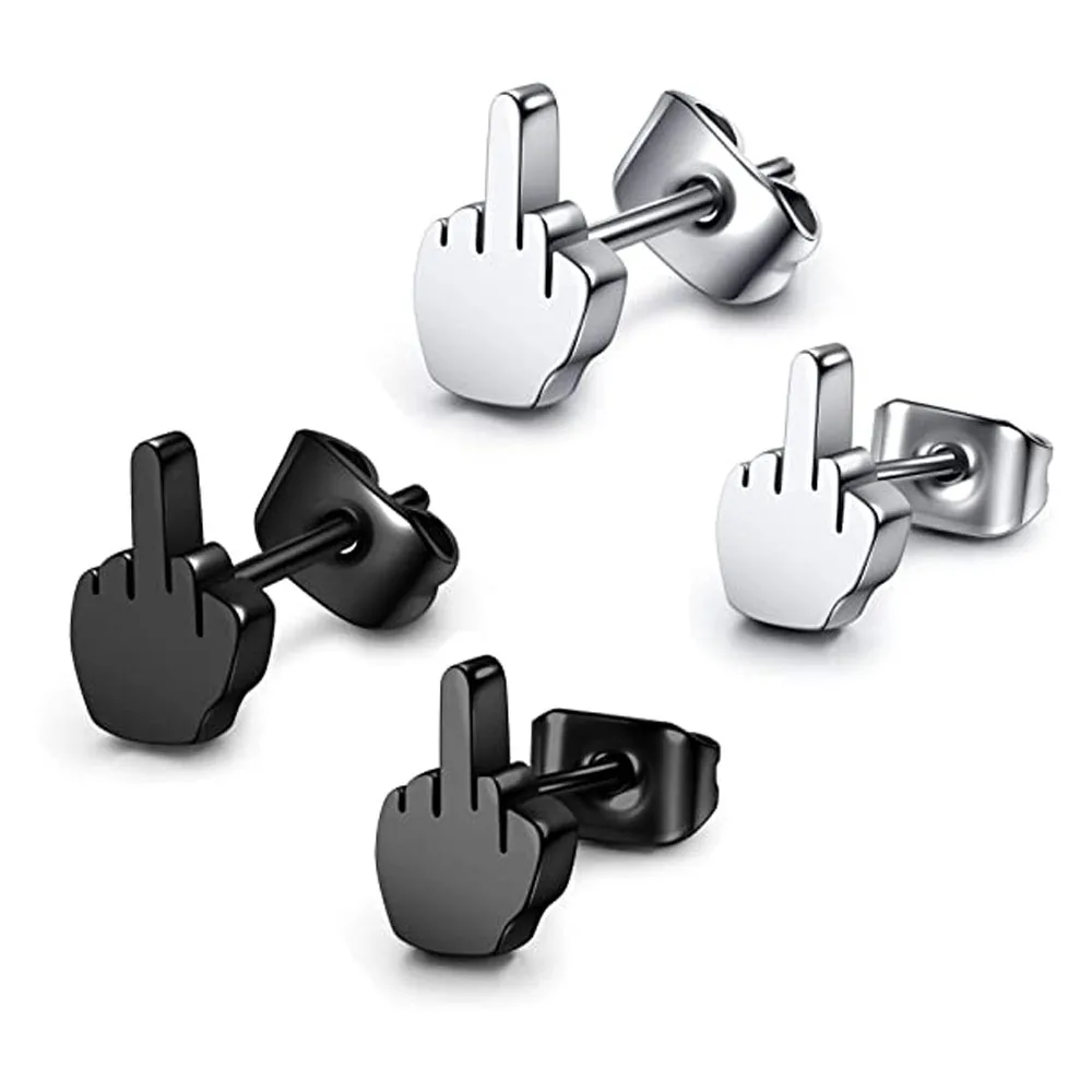 2Pcs Stainless Steel Black Middle Finger Up Women Men Ear Jewelry Studs ...