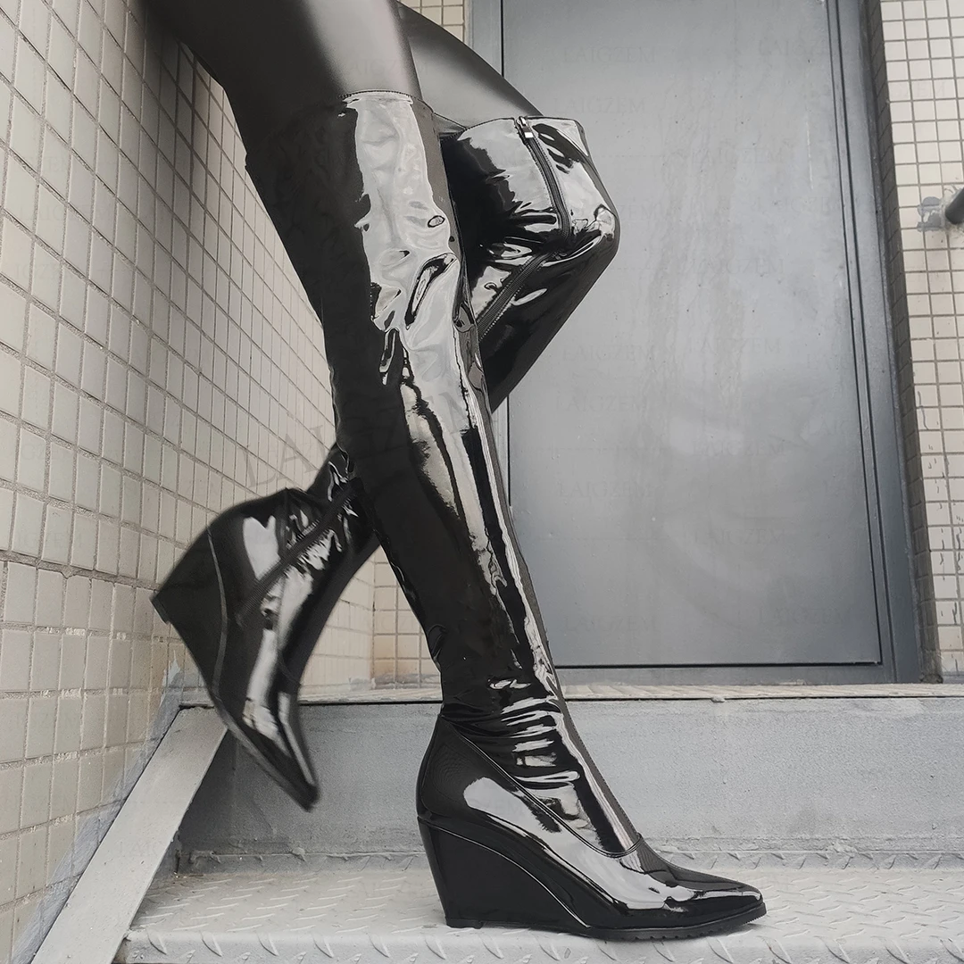 Seiihem Women Over Knee High Boots Stretchy Zip Up Mid Wedges Heels ...