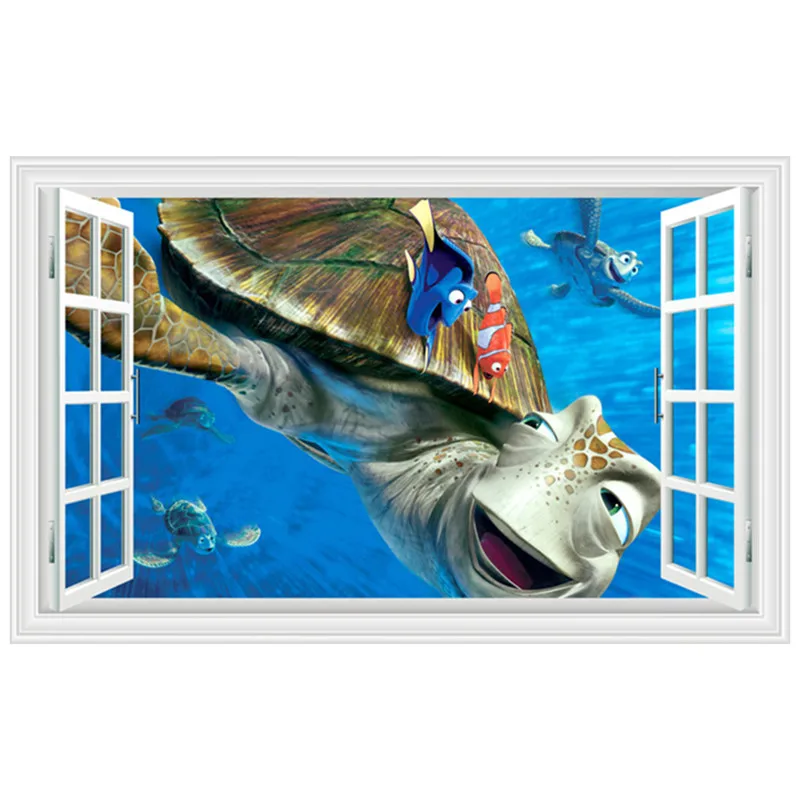 Nemo movie wall decals seabed world fish turtle shark fake 3d window ...