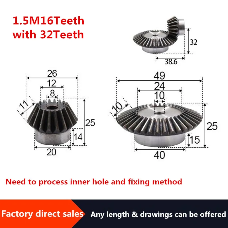 2pcs 1:2 Bevel Gear 1.5 Modulus 16 Teeth + 32teeth Inner Hole 10mm 90 ...