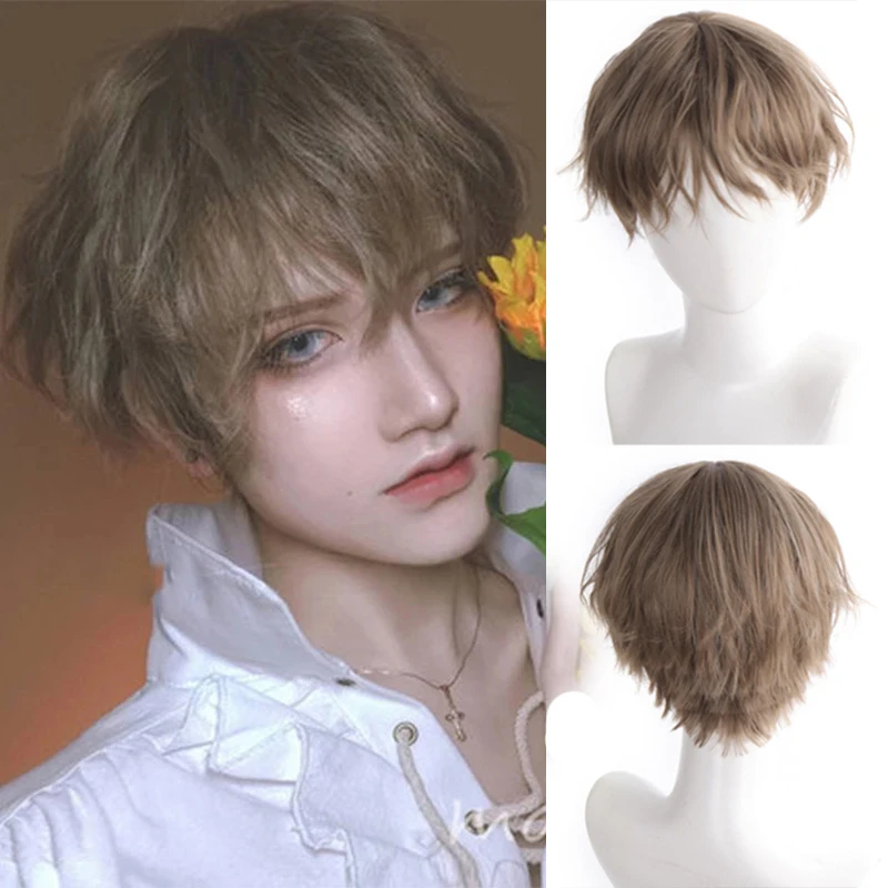 Ailiade Short Straight Brown Wig Boy Synthetic Hair With Bangs For Men ...