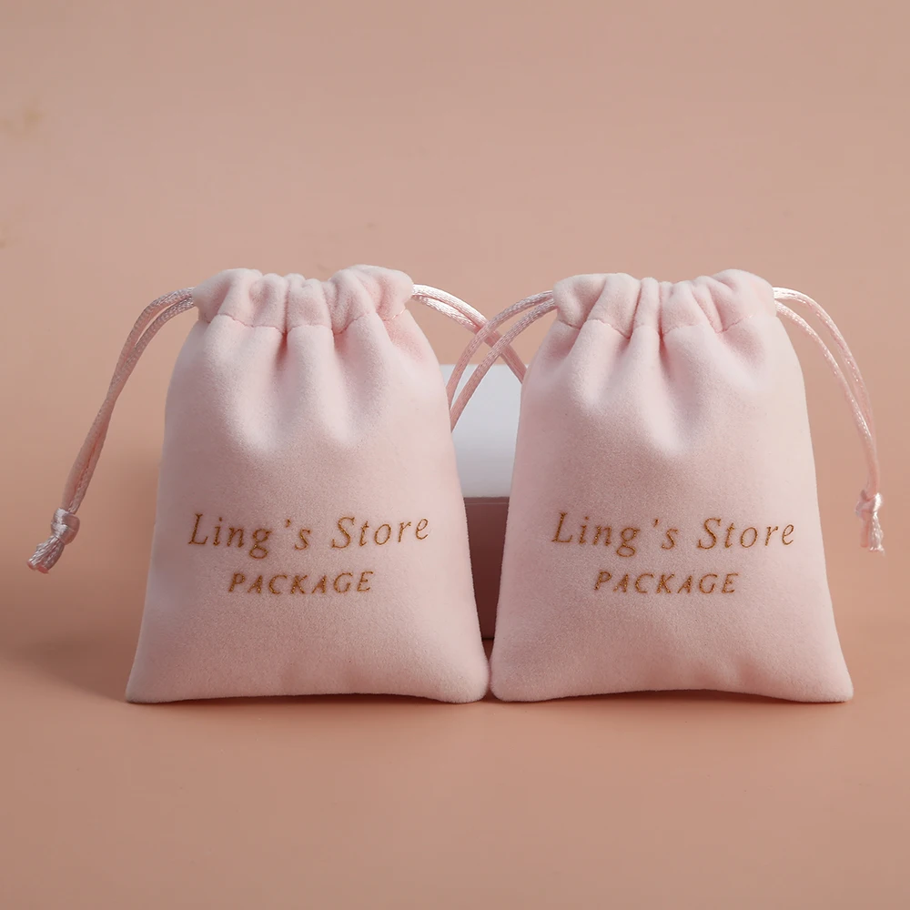 100 Drawstring Bags Personalized Logo Print Pink Thick Velvet Jewelry ...