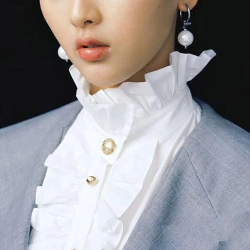 1pc Womens Victorian Vintage Palace Half Shirt Blouse Stand-up Ruffles ...