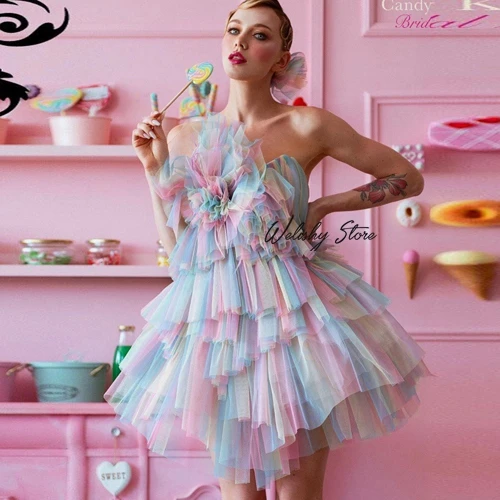 New Arrival Sweet Candy Color Tiered Ruffled Short Tull Dress Girls ...