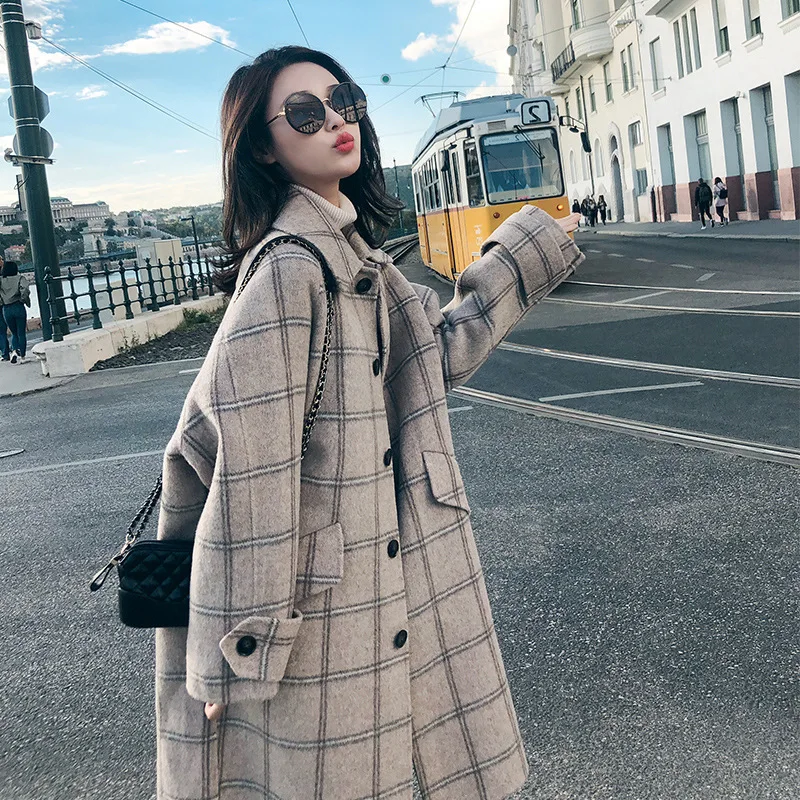 New Arrival Fashion Japanese Thickened Plaid Wool Coat Outerwear Female ...