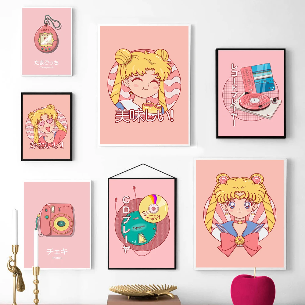 Japanese-Cartoon-Poster-Anime-Character-Canvas-Painting-Pink-Retro-Art ...