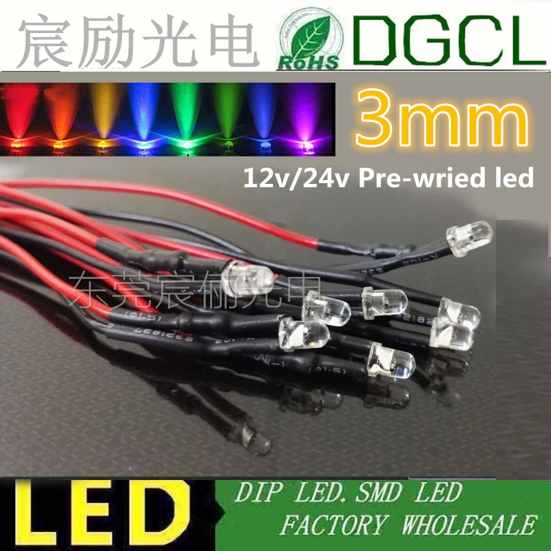 100pcs/lots Warm White/red/green/blue/yellow Pre Wired 12v/24v Dc Led ...