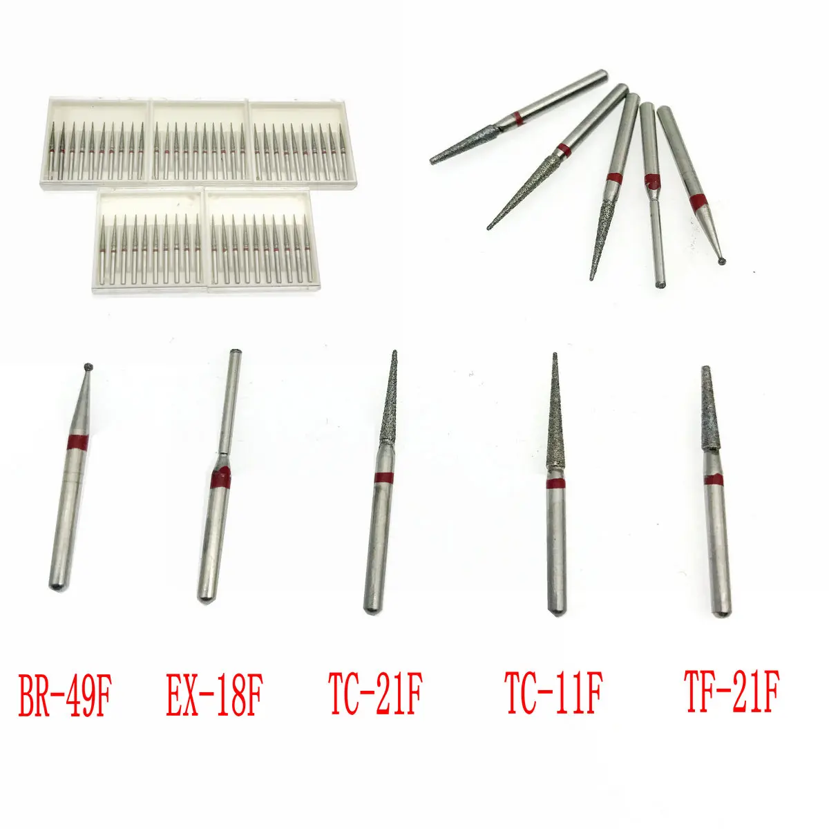 50Pcs/5Packs 1.6mm shank Dental Diamond Burs Grit Red/Fine High Speed ...